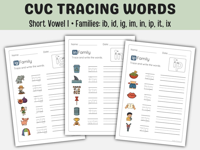 CVC Tracing Worksheets | Short Vowel Word Families Phonics Practice ...