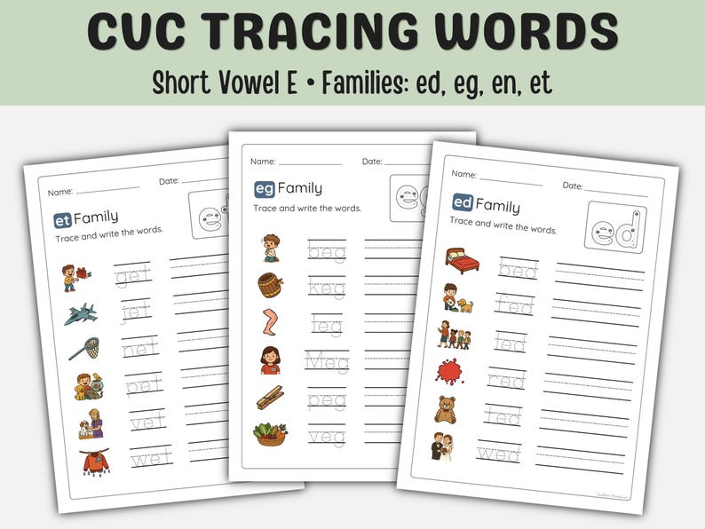CVC Tracing Worksheets | Short Vowel Word Families Phonics Practice ...