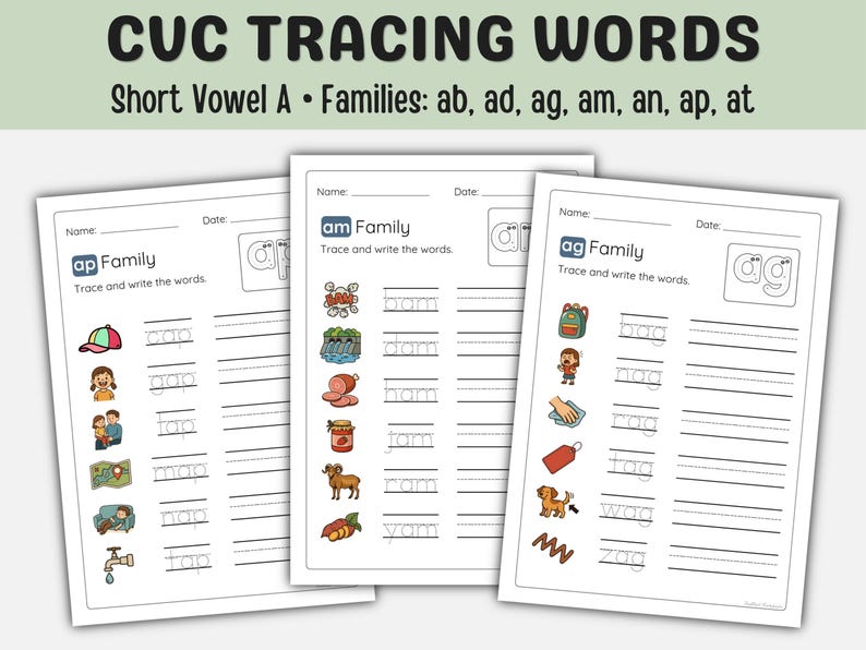 CVC Tracing Worksheets | Short Vowel Word Families Phonics Practice ...