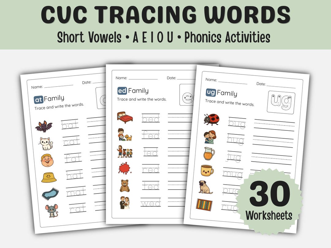 CVC Tracing Worksheets | Short Vowel Word Families Phonics Practice ...