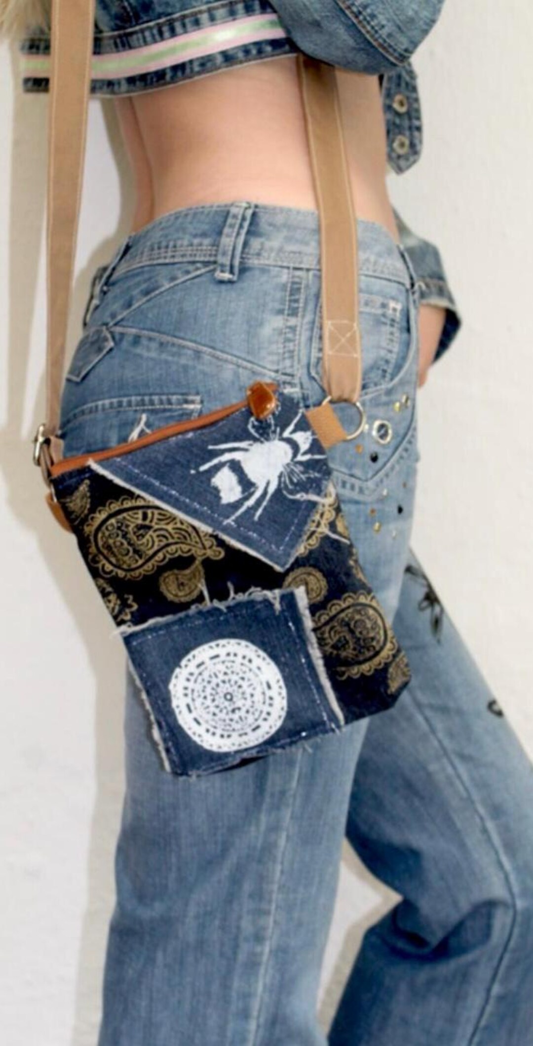 Denim Shoulder Bag, Re Purposed Denim,hand Screen Print Bee,paisley ...
