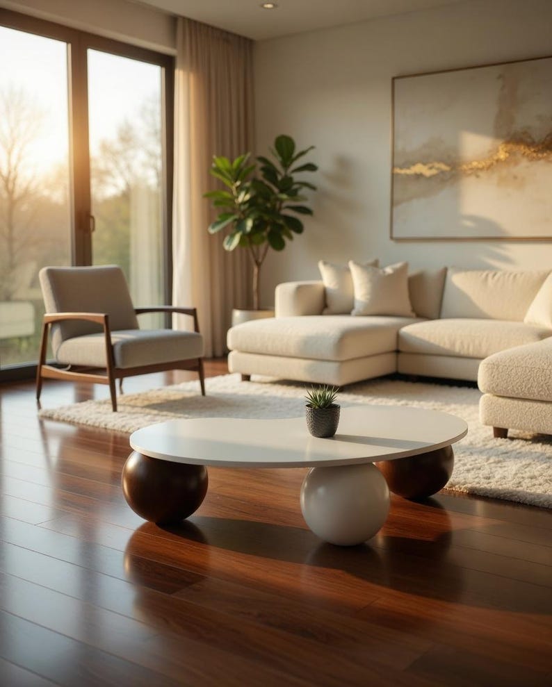 Modern Coffee Table – MDF Wood, Minimalist Round Design, Sphere Legs - Etsy