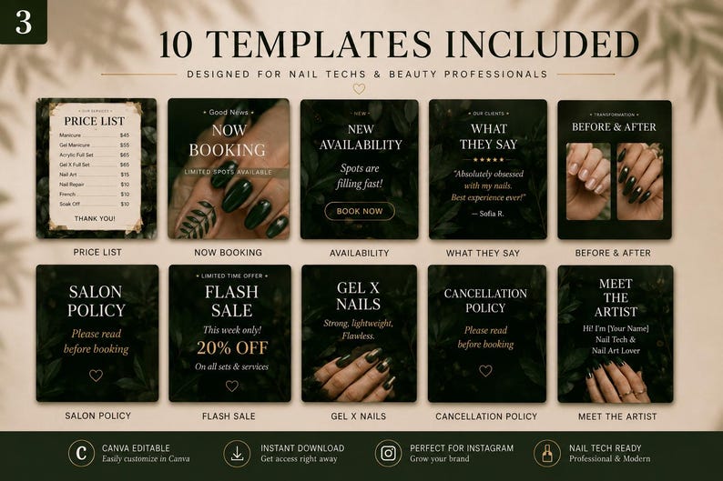Dark Green Nail Templates | Canva Editable Social Media Kit (digital ...