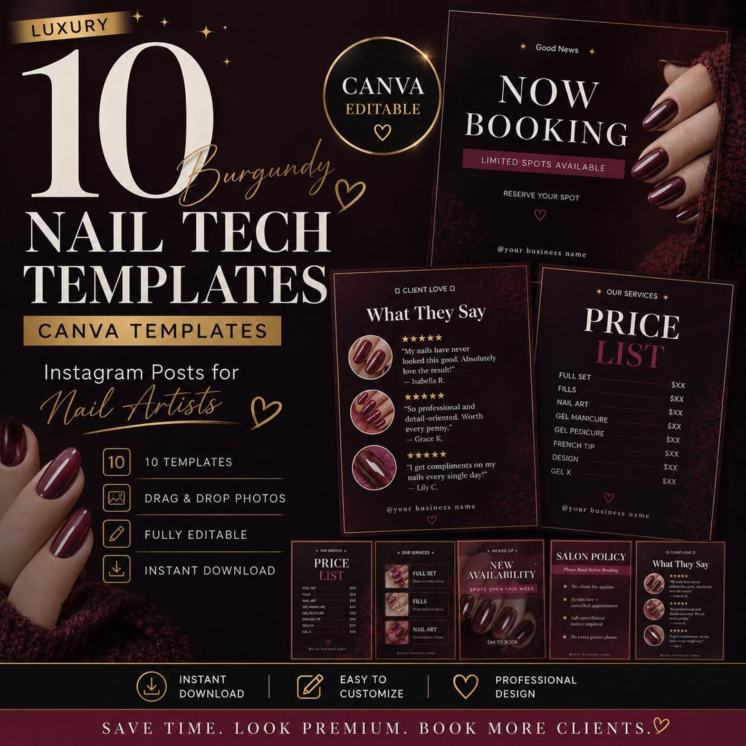 Burgundy Nail Tech Instagram Templates | Editable Canva Social Media ...
