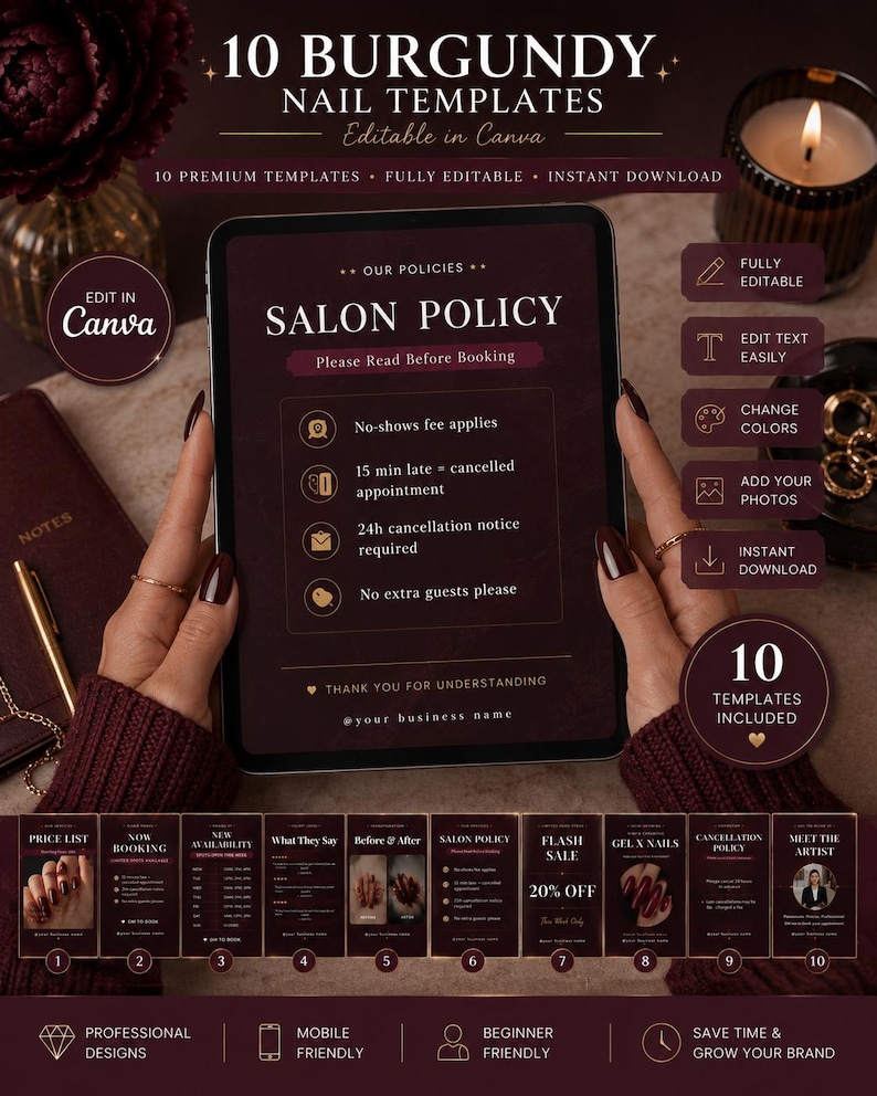 Burgundy Nail Tech Instagram Templates | Editable Canva Social Media ...