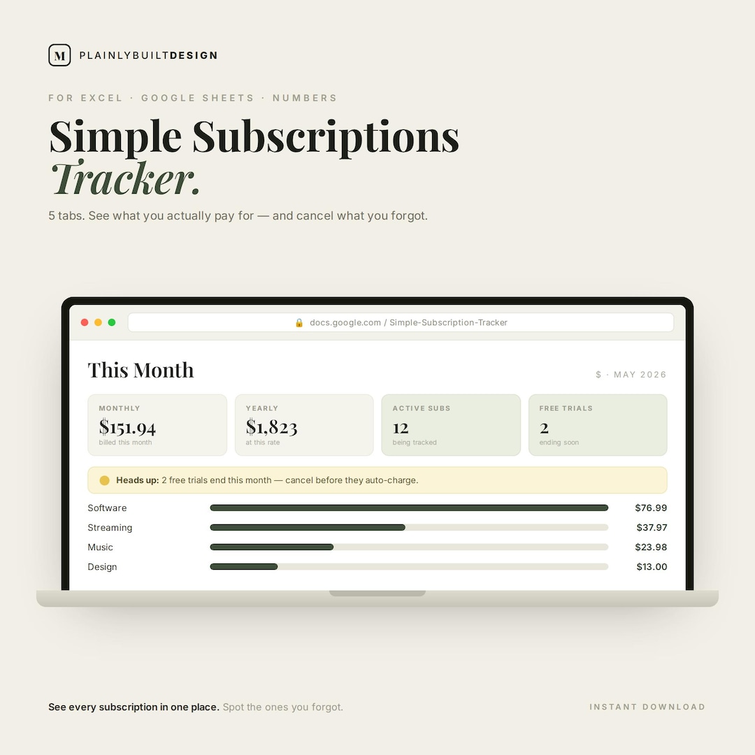 Simple Subscription Tracker for Excel & Google Sheets - Etsy UK