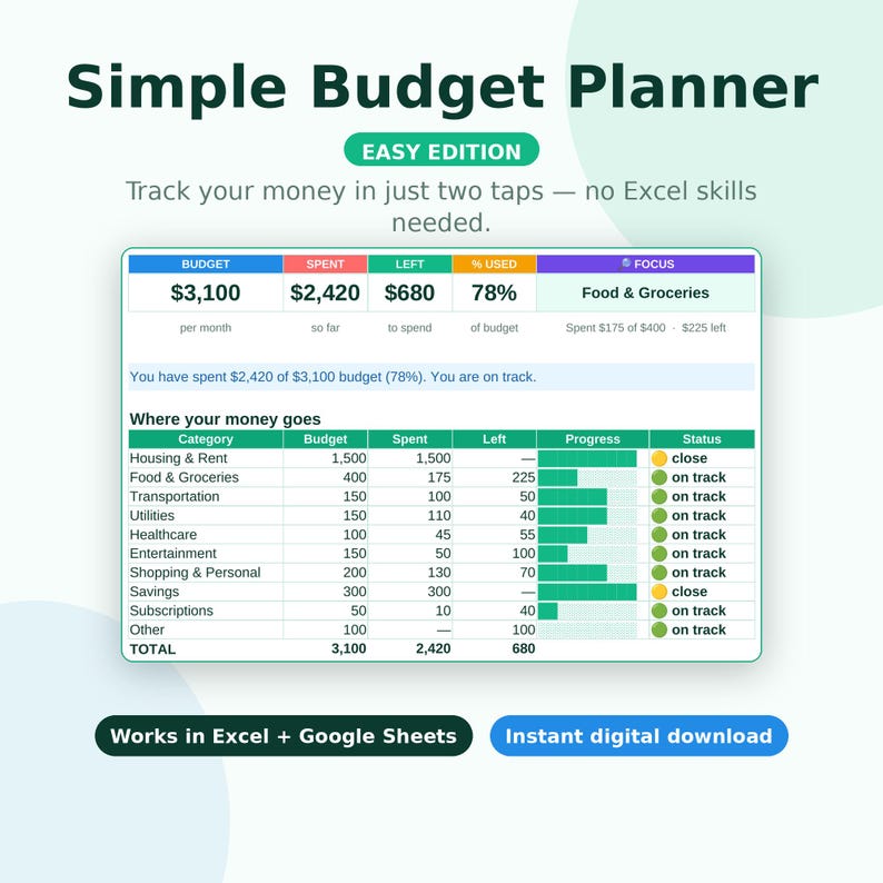 Easy Budget Planner for Excel & Google Sheets - Etsy UK