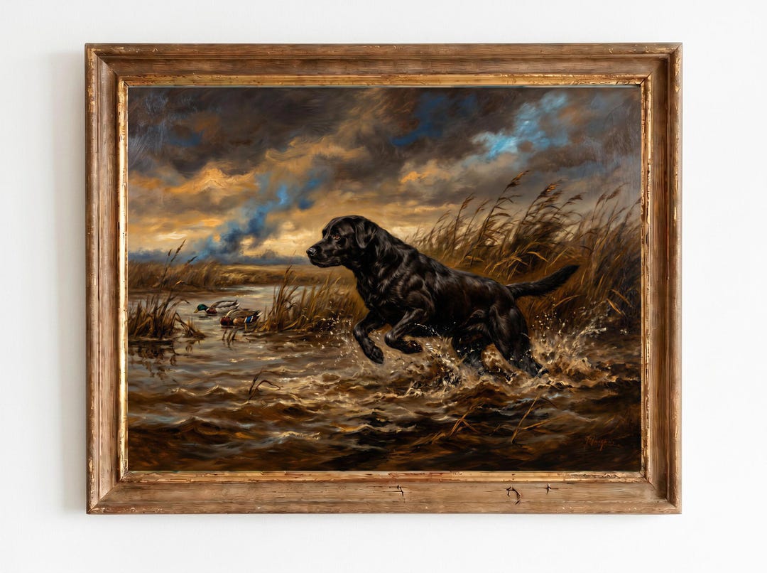 Hunting Dog Painting – Moody Retriever, Water Landscape, Rustic Decor ...