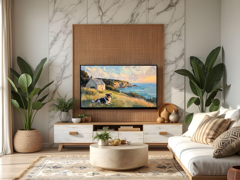 Pastoral Cottagecore Frame TV Art, Coastal Scene Australian Shepherd ...