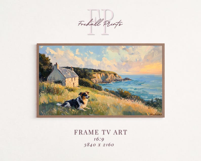 Pastoral Cottagecore Frame TV Art, Coastal Scene Australian Shepherd ...