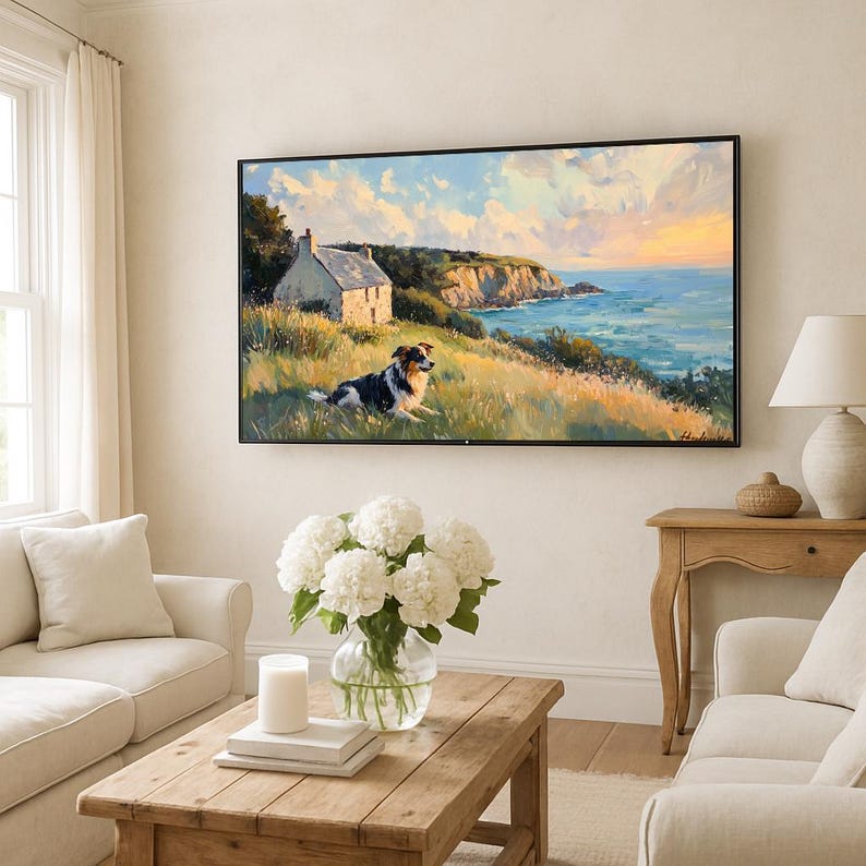 Pastoral Cottagecore Frame TV Art, Coastal Scene Australian Shepherd ...