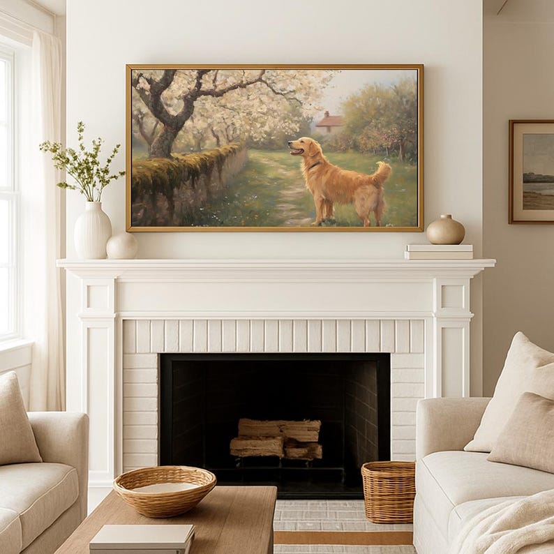 Golden Retriever Cottagecore Frame TV Art, Vintage Landscape Painting ...