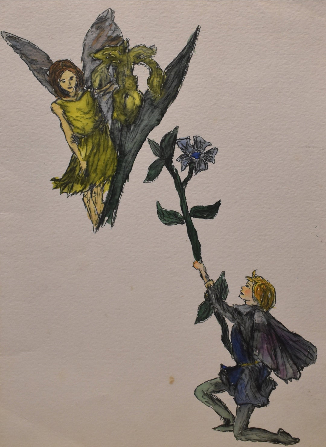 Vintage Elf Painting of Ink Watercolor Drawing of Girl and Boy Fairy ...