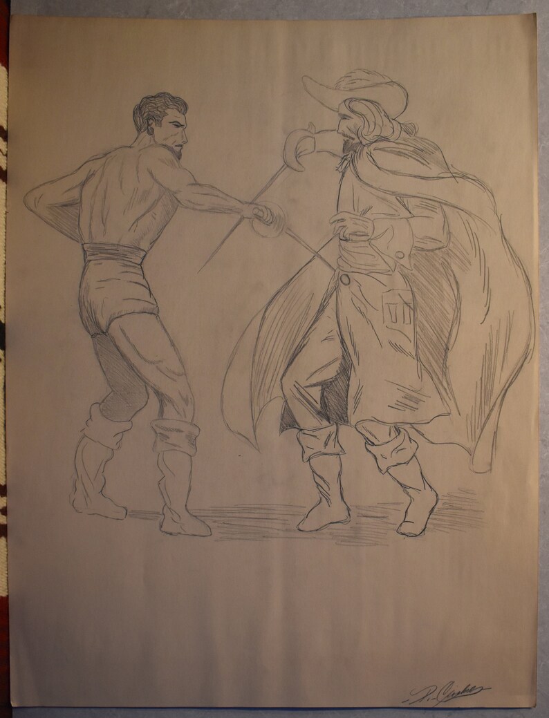 Vintage Pencil Drawing of Two People Fencing Signed - Etsy