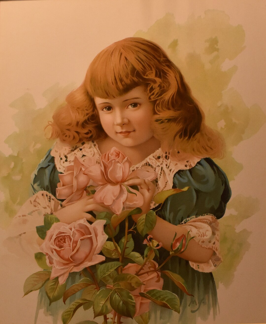 Vintage Girl 1880 Lithograph Poster of Girl Holding Pink Roses Artist ...