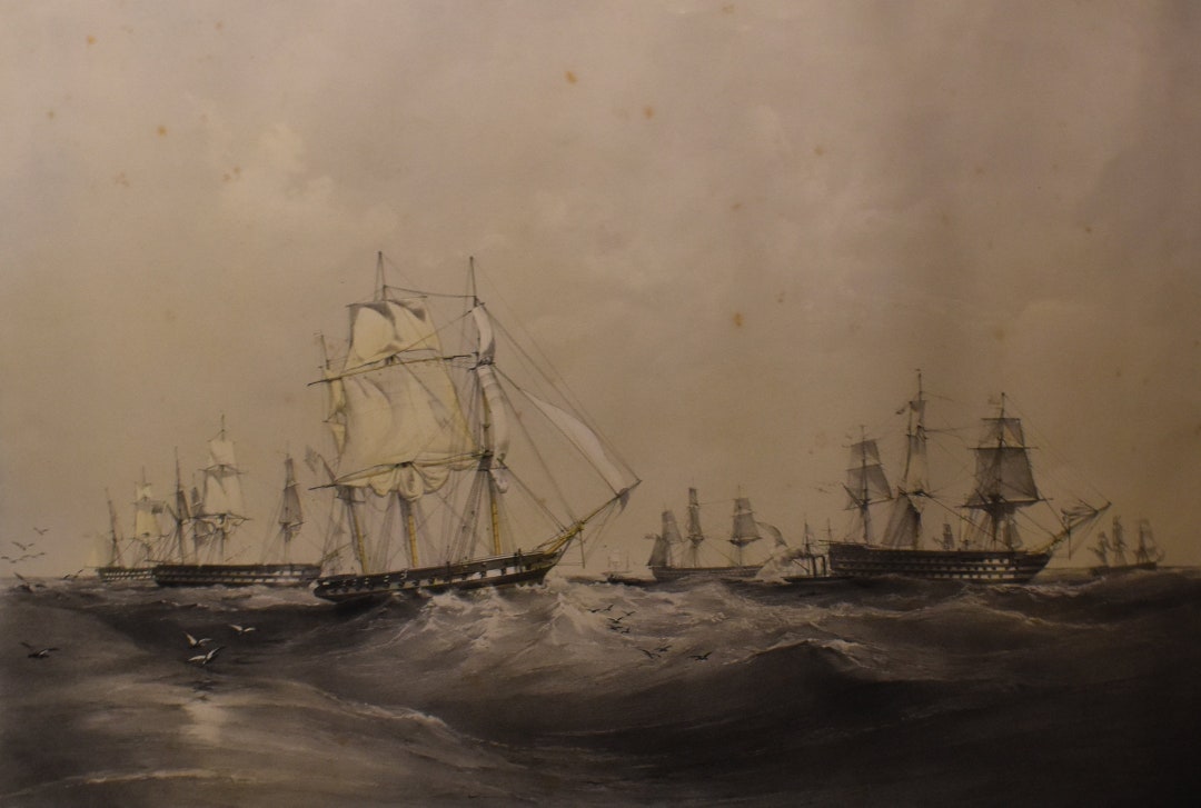 Vintage Engraving Ships English French Fleet 1855 Colored Stone ...