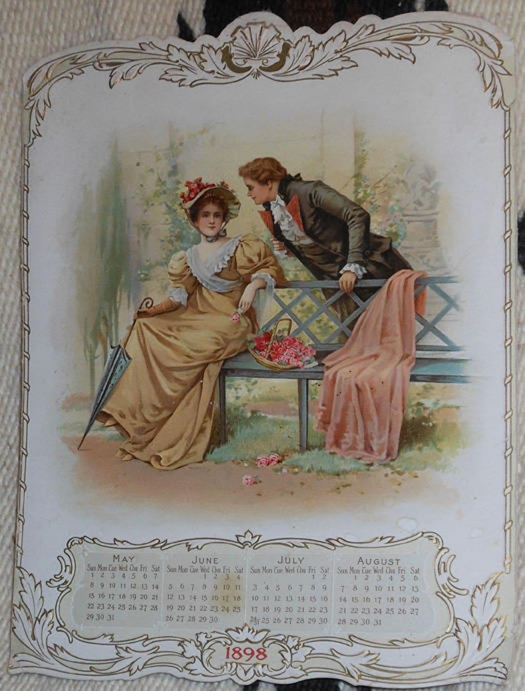 Vintage 1898 Shape Calendar Color Lithograph Couple Chatting Red Roses ...