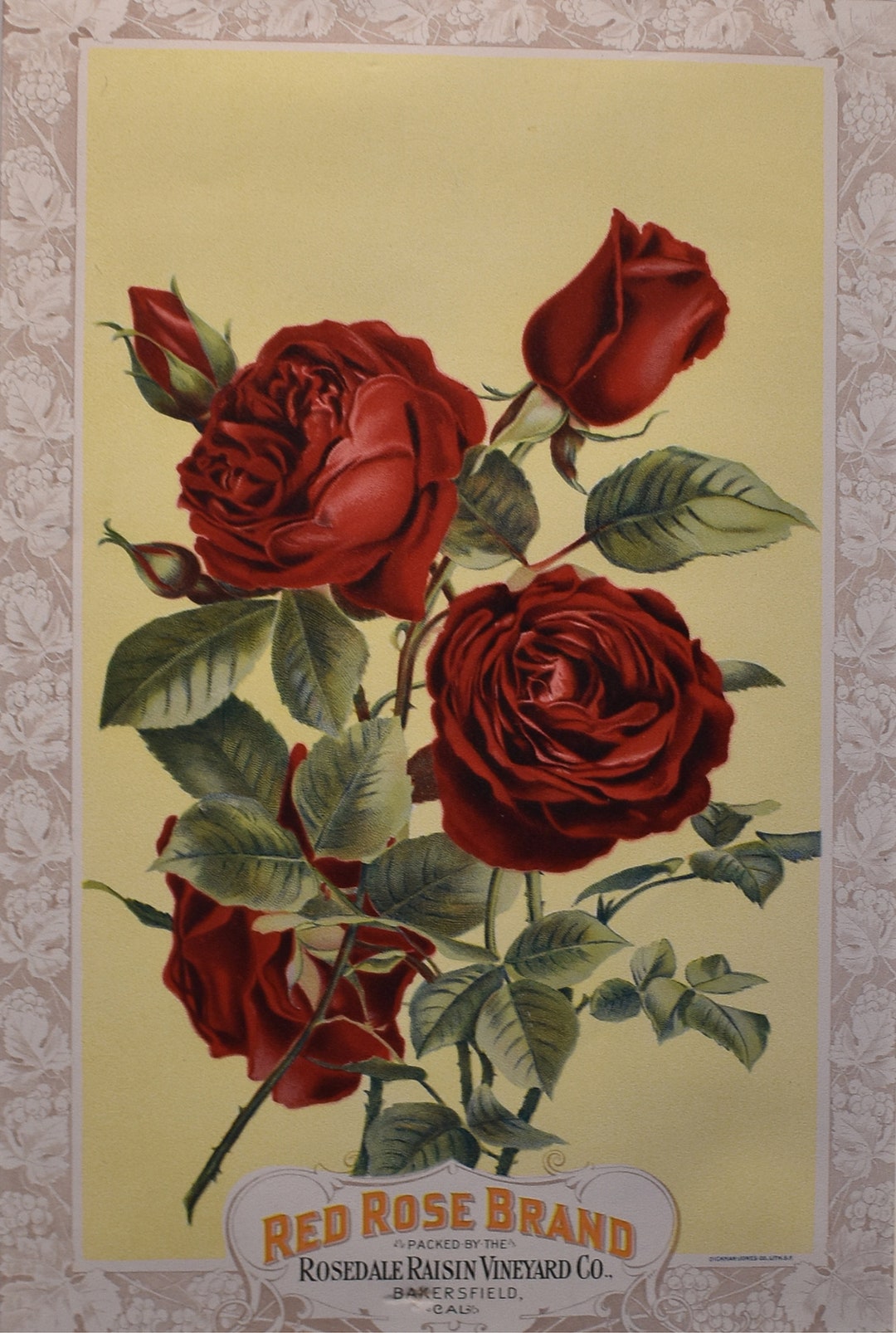 Vintage Red Roses Color Advertising Lithograph of Bakersfield Rose Dale ...