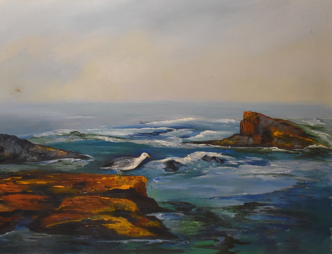 Vintage Corea Maine Oil Painting Seagulls on Rocky Coast Artist Signed ...