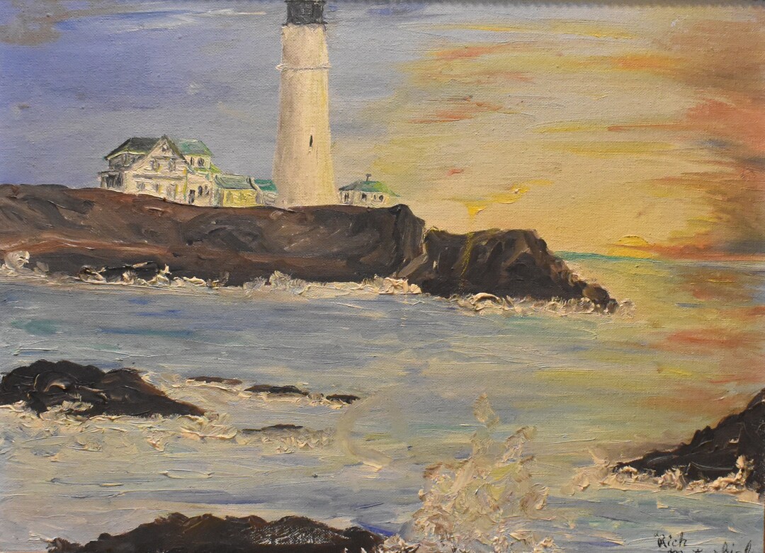 Vintage Light House Maine Folk Oil Painting of Portland Light House ...
