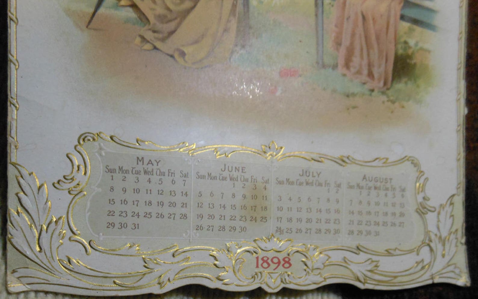 Vintage 1898 Shape Calendar Color Lithograph Couple Chatting Red Roses ...