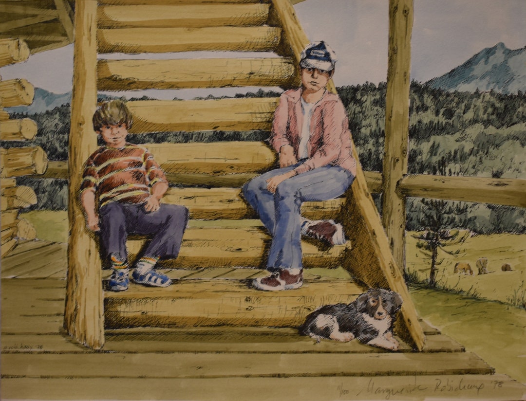 Vintage Western Maine Etching Two People Sitting on Steps With Dog ...