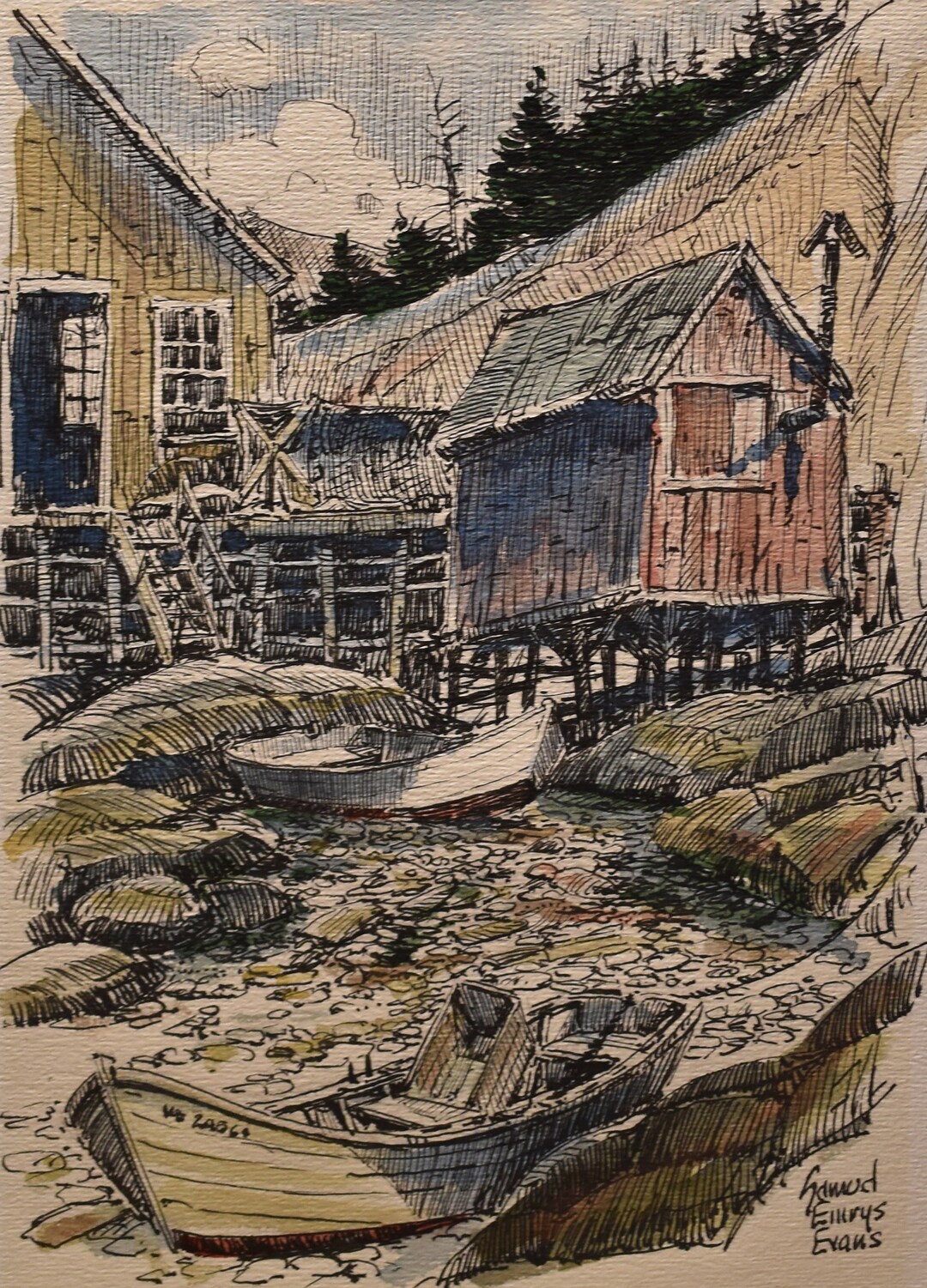 Vintage Maine Ink Art Watercolor Harbor Fish Shack Artist Signed Samuel ...