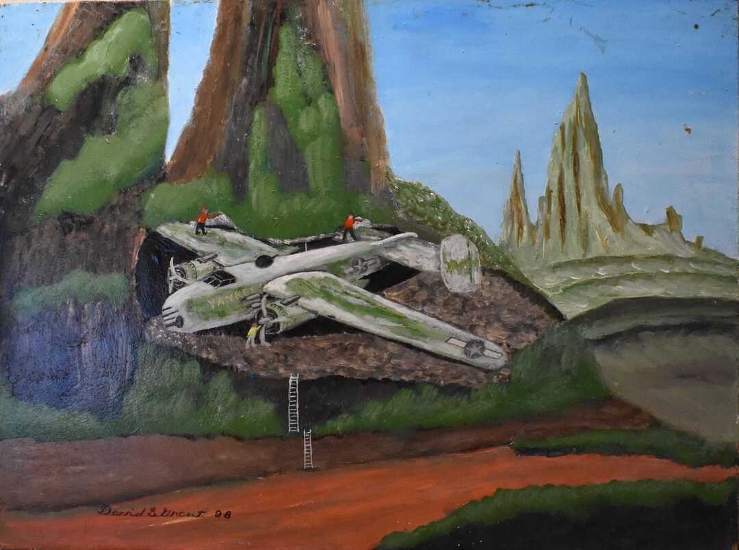Vintage Abstract Oil Painting of Yankee Airplane Landed on Mountain ...