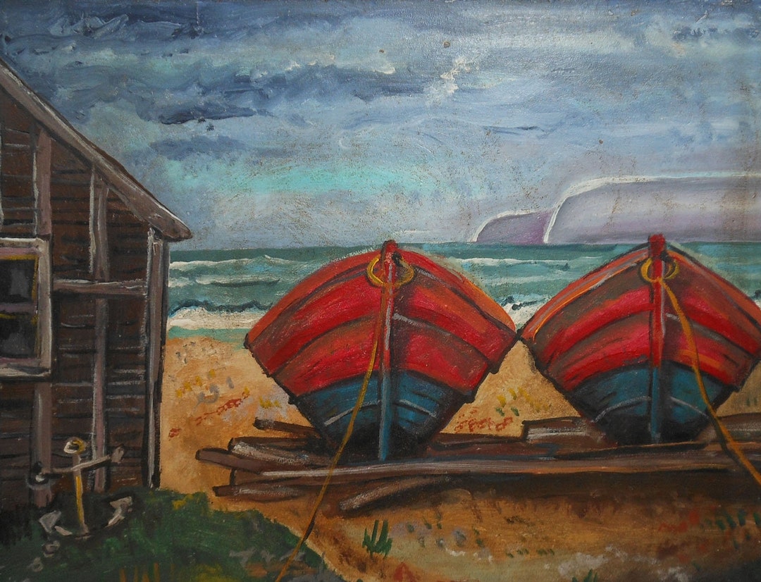 Vintage Red Dory S Seascape Oil Painting Beach Shore Anchor Building - Etsy