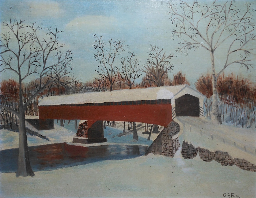 Vintage Folk Art Red Covered Bridge Oil Painting Red Covered Bridge in ...