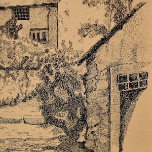 Vintage House Art Drawing Old Walk Way House Front Trees - Etsy