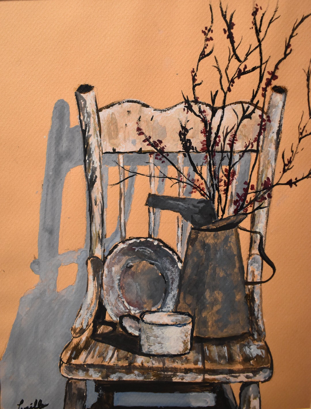 Vintage Watercolor Flowers in Pitcher Chair Artist Signed - Etsy