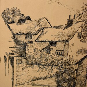 Vintage House Art Drawing Old Walk Way House Front Trees - Etsy