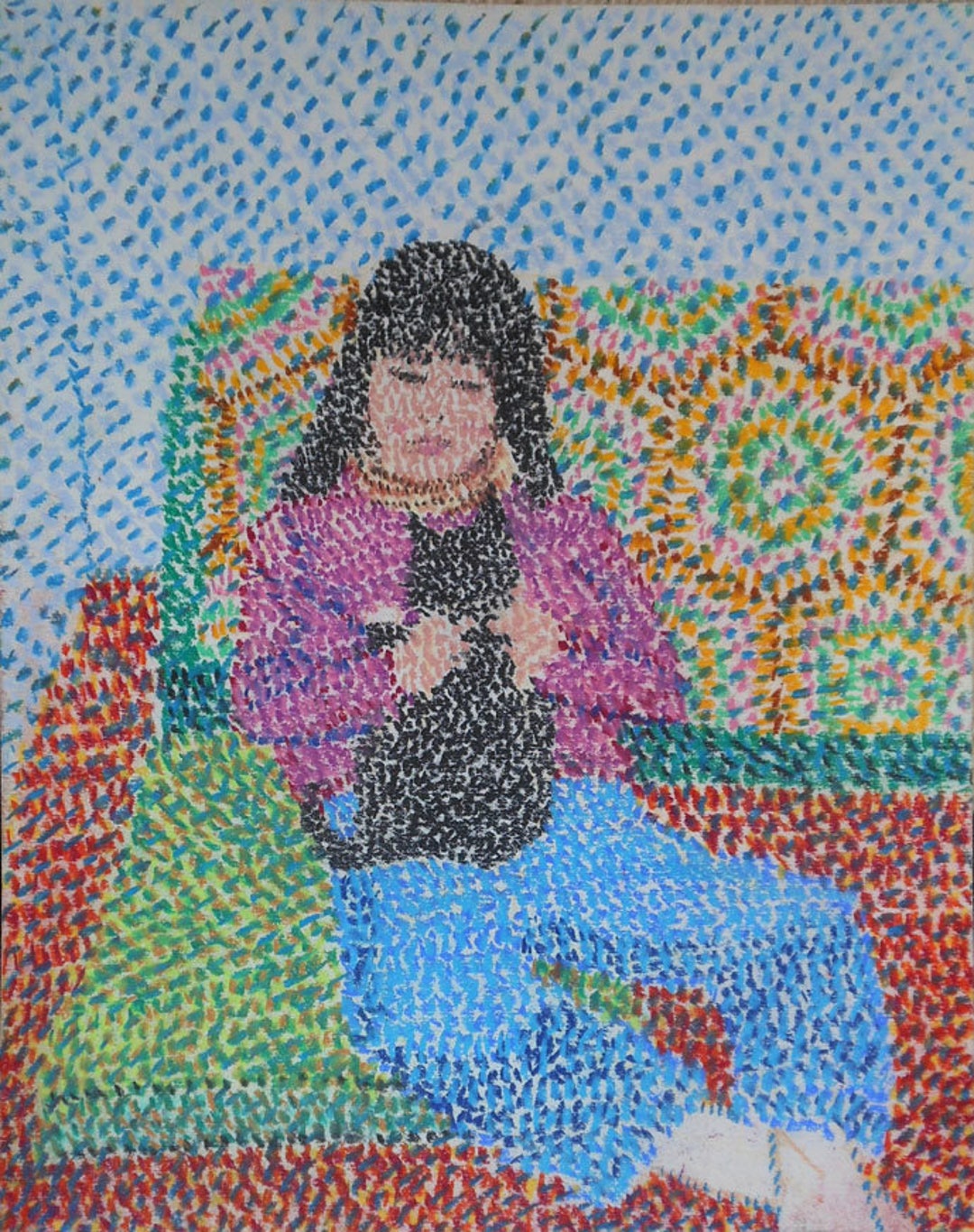Vintage Pointillism Painting Woman Holding Cat Signed - Etsy