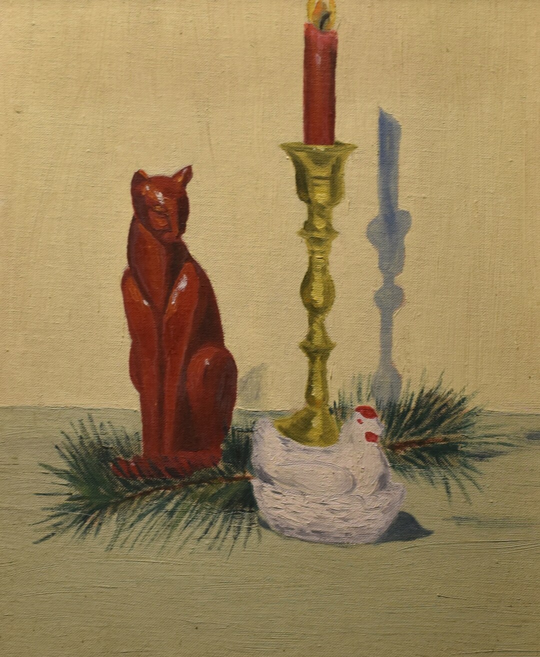 Vintage Pine Cat Art Oil Painting of Fir Branch Red Cat Candle - Etsy