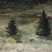 Vintage Watercolor of Two Evergreens With Mountains Abstract - Etsy
