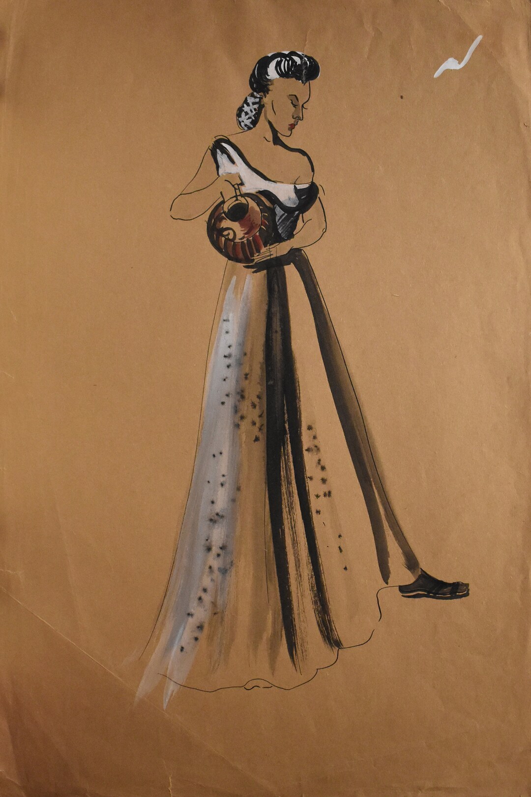 Vintage Fashion Deco Watercolor Drawing of Lady With Pot Holding Jar - Etsy