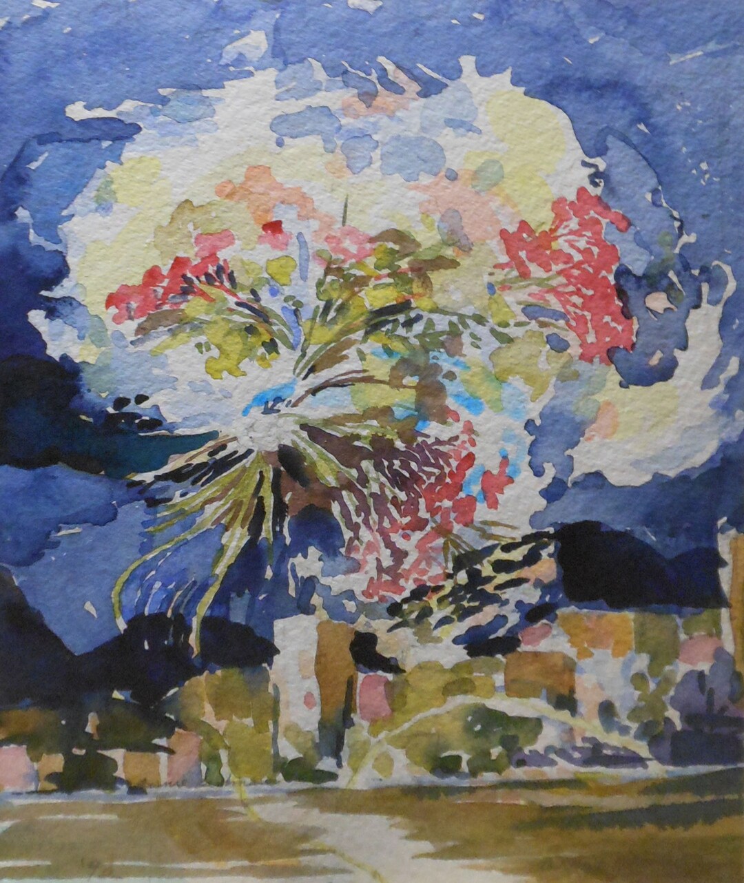 Vintage Fireworks Watercolor of Fire Works Over a Town Signed Artist ...