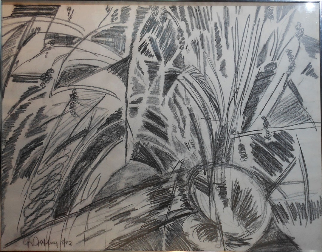 Vintage Abstract Graphite Drawing of Flower in Landscape Signed - Etsy