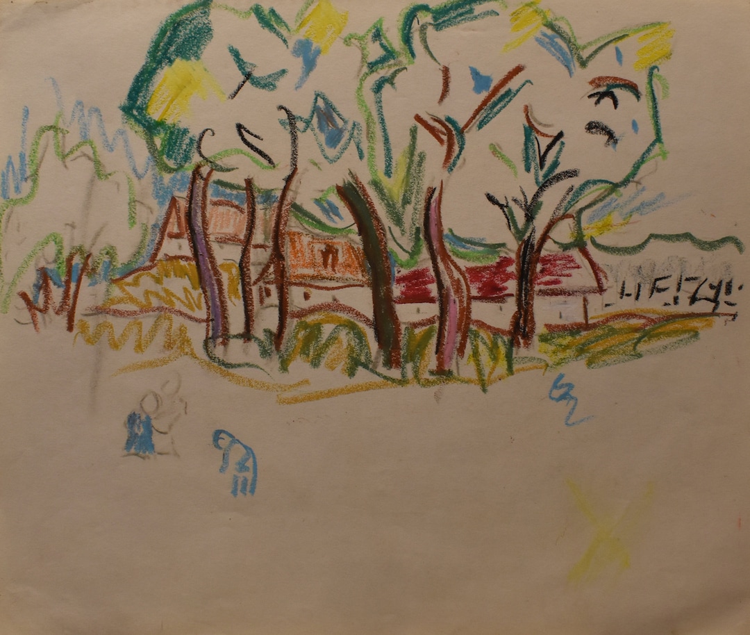 Vintage Farming Abstract Landscape People in Field Pastel Drawing Study ...