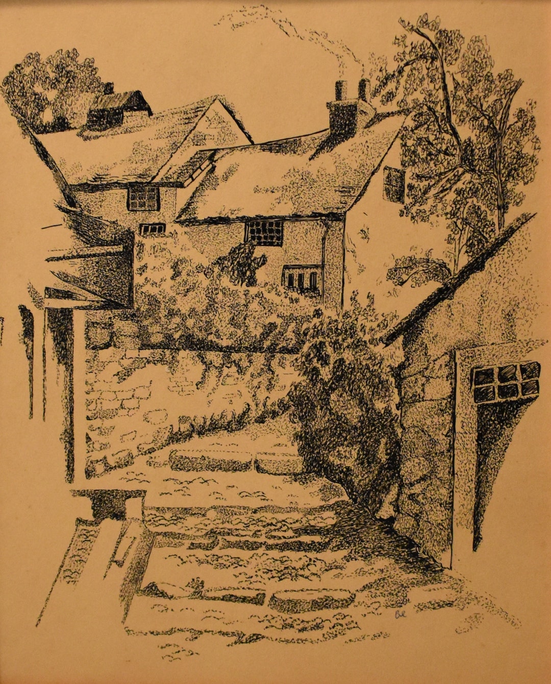 Vintage House Art Drawing Old Walk Way House Front Trees - Etsy