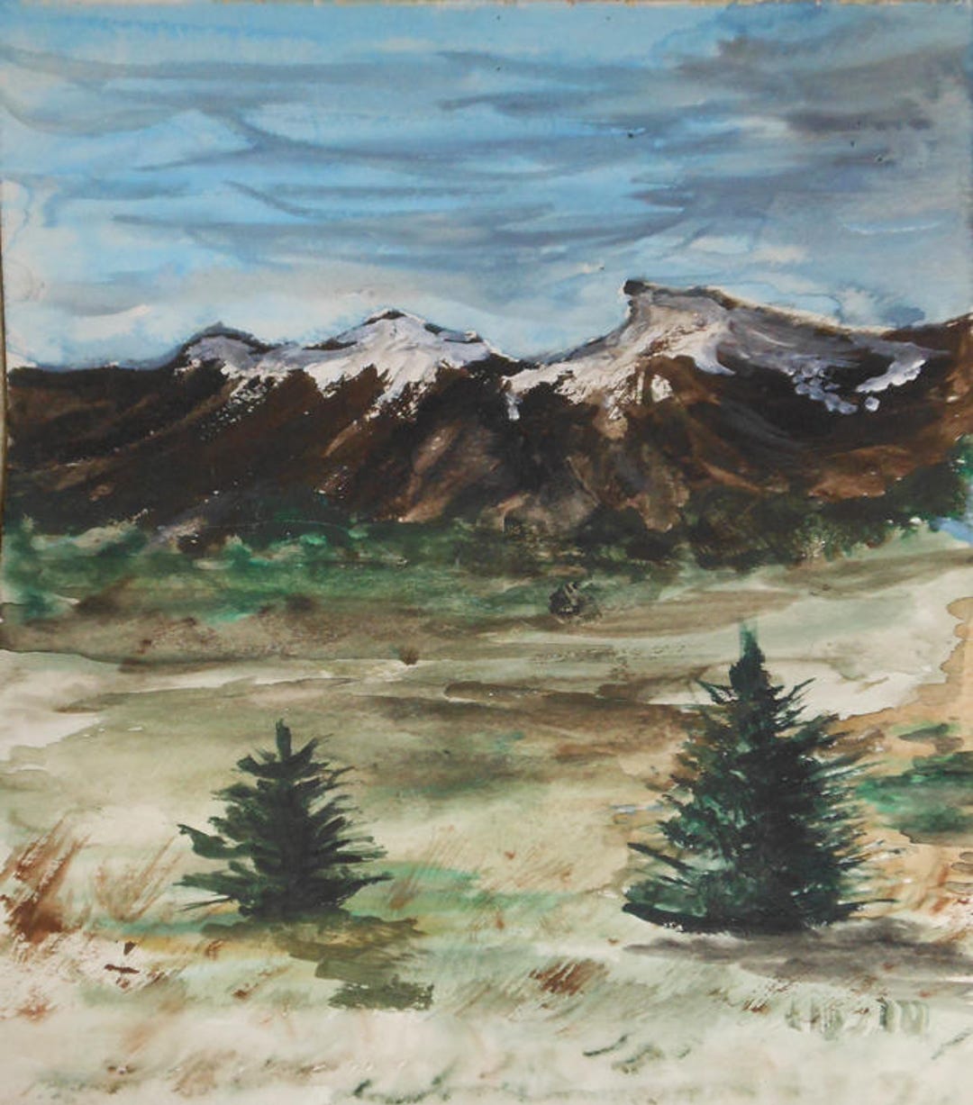 Vintage Watercolor of Two Evergreens With Mountains Abstract - Etsy