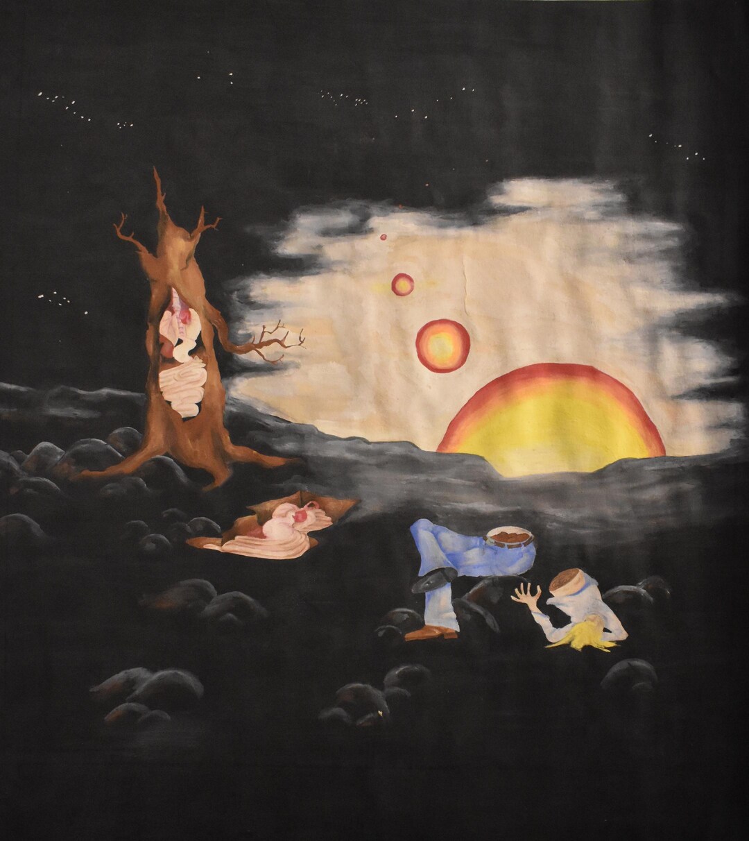 Vintage Surrealism Watercolor Painting People Tree Sun Stars - Etsy