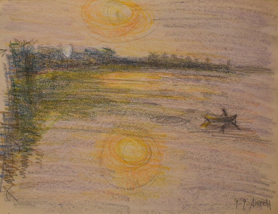 Vintage Art Drawing Sun Boat Passy Bay Belfast Mid Coast Sunrise Trees ...