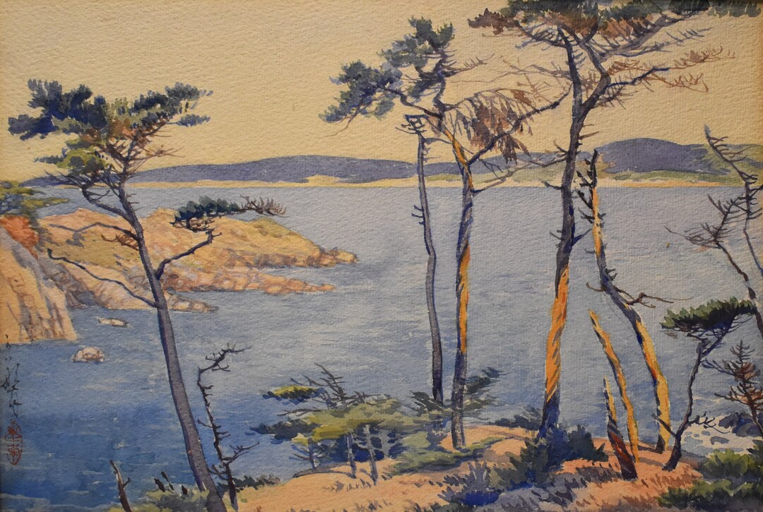 Vintage Japanese Sea Watercolor of Ocean Cliffs Hills Trees Signed - Etsy