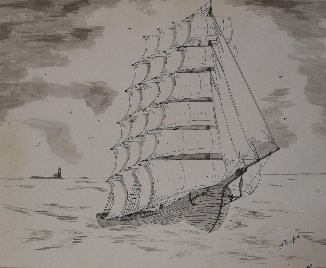 Vintage Ink Drawing Ship at Sea With Light House Artist Signed - Etsy
