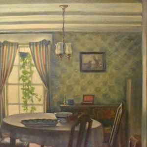 Vintage Interior Oil Painting of Table Window With Plant Hanging Lamp ...