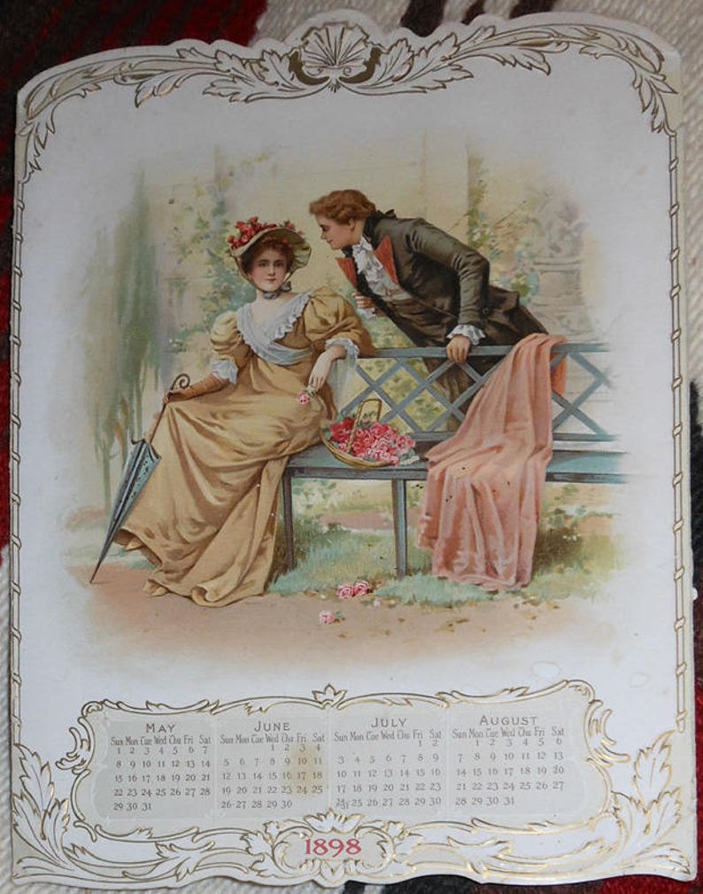 Vintage 1898 Shape Calendar Color Lithograph Couple Chatting Red Roses ...