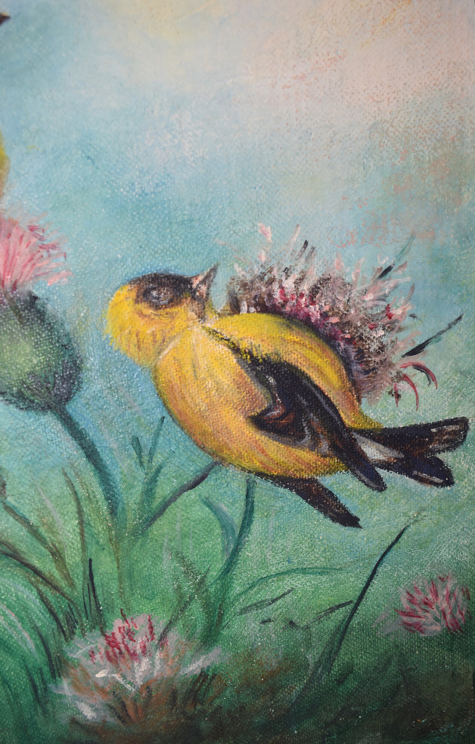 Vintage oil painting of yellow finches on thistle | Etsy