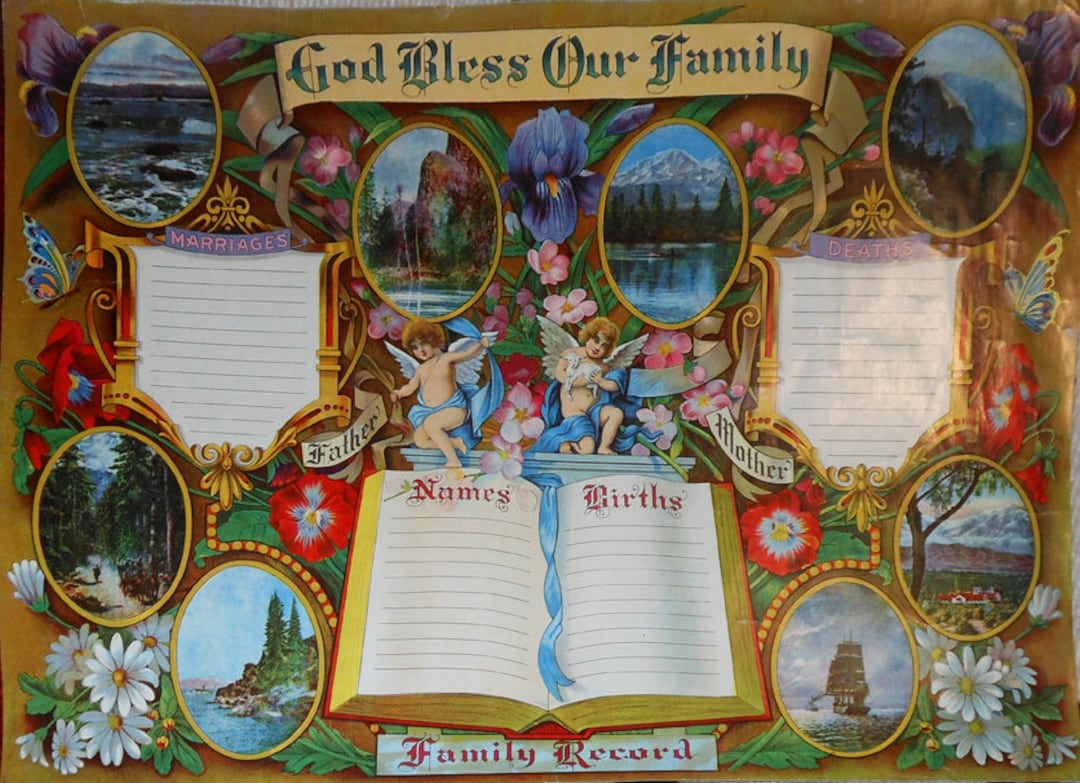 Vintage Ca 1900 Family Biblical Tree Color Lithograph Blank Bible ...
